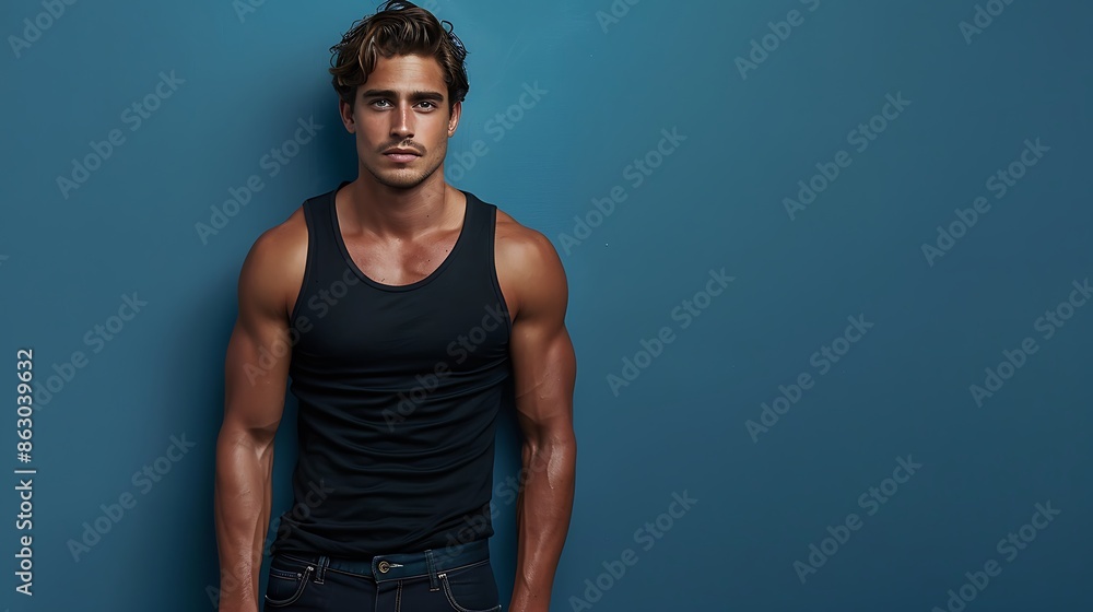 Foto de A tall male model with a muscular build, dressed in a simple ...
