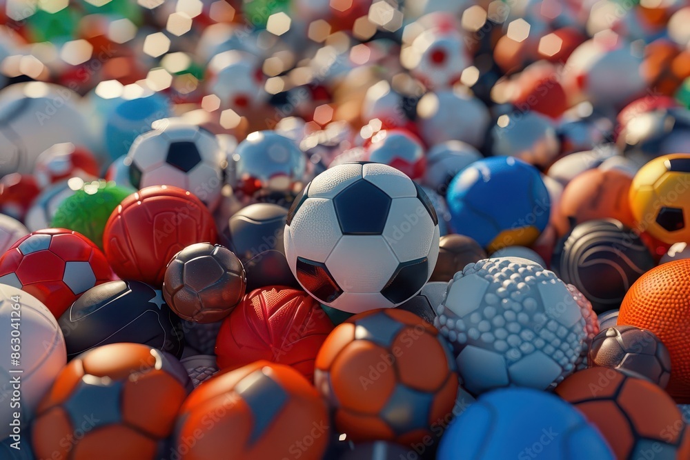 Pile of different sports balls in the center of a stadium, 3D render ...