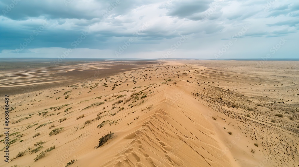 Panorama 180 of the desert in spring from a birds eye view Sand dunes ...