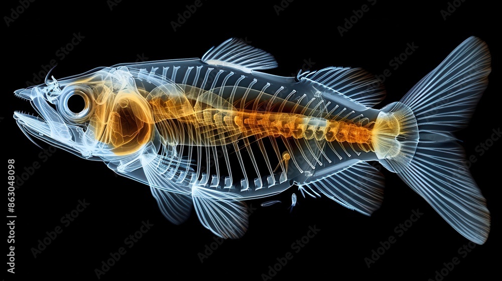 X-ray image of a fish skeleton revealing detailed bone structure and ...