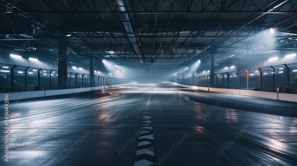 Mystical capture of an empty indoor go-kart racing track illuminated by ...
