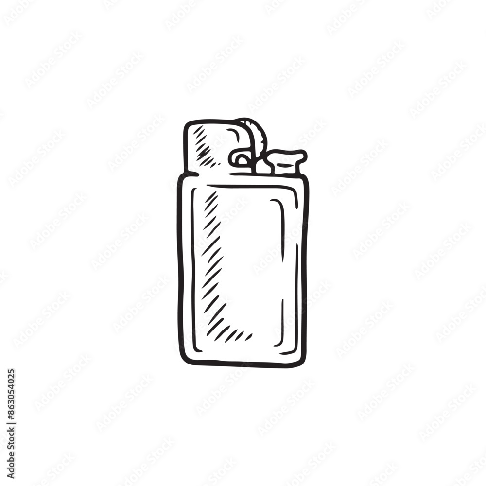 Cigarette lighter with fire in black isolated on white background. Hand ...