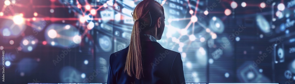 Female CEO in navy blue suit, torso view, on call with international ...