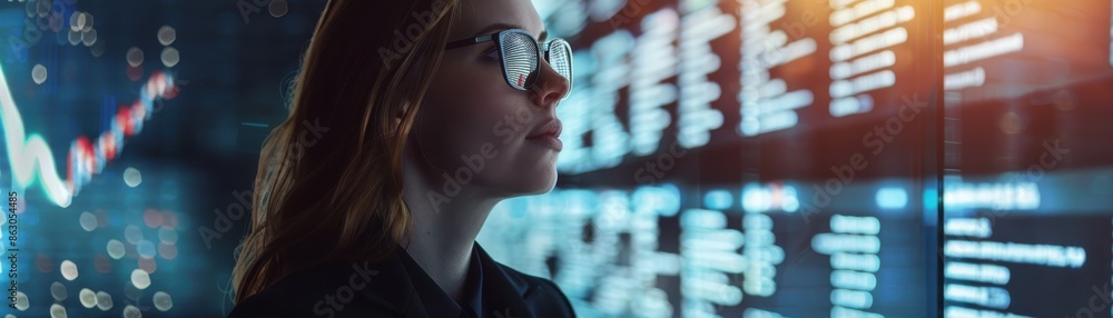 Female CEO in black suit, torso view, analyzing global market data ...
