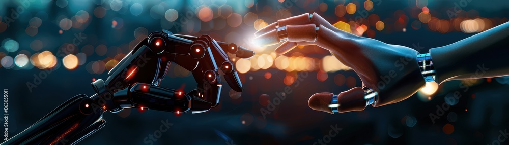 Human hand reaching for a robotic hand in a digital background, unity ...