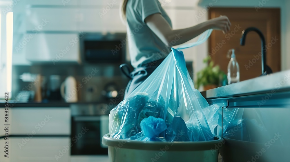 housewife changing a garbage bag in a bucket in the kitchen plastic ...