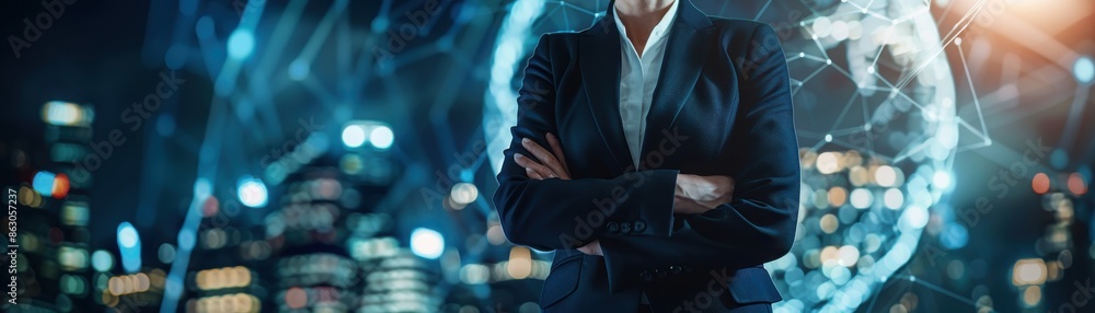 Female CEO in navy blue suit, torso view, discussing globalization ...