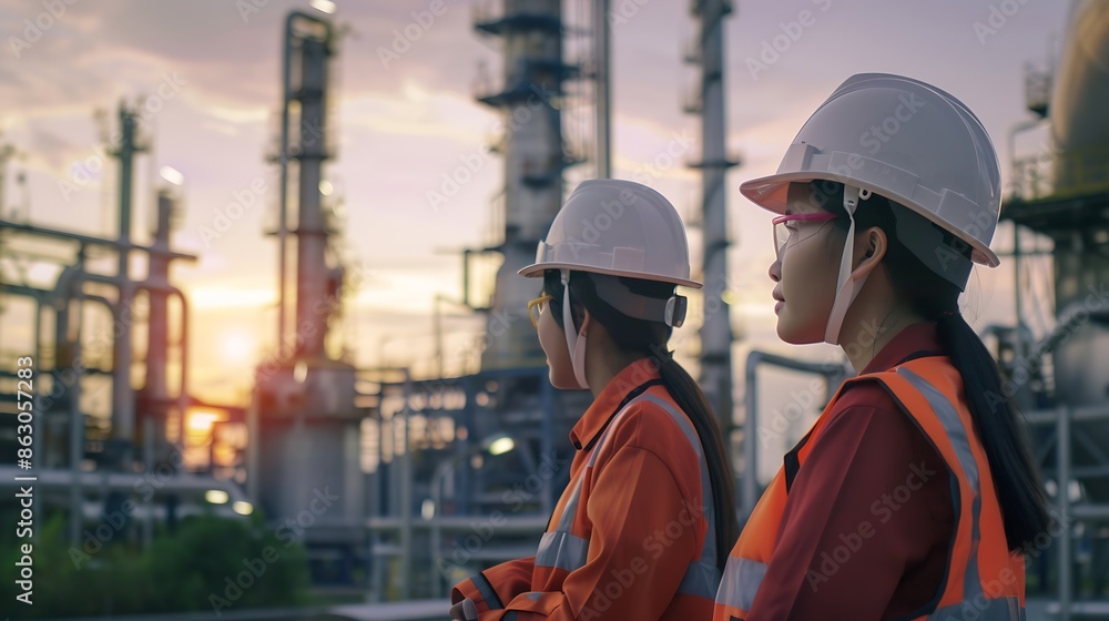 Two Asian female engineer with white safety helmet standing front of ...