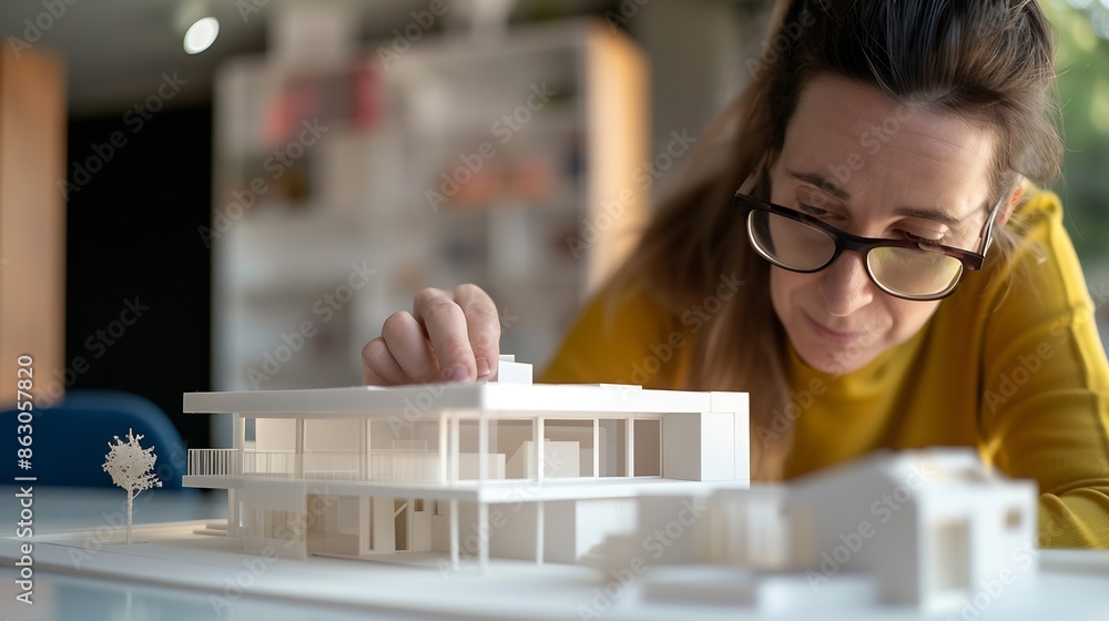 Woman looking at a 3D model of a house visualising the architectural ...