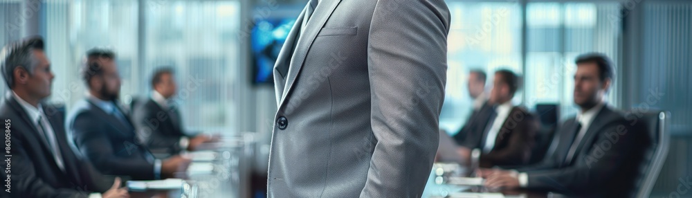 Male CEO in light grey suit, torso view, leading global strategy ...