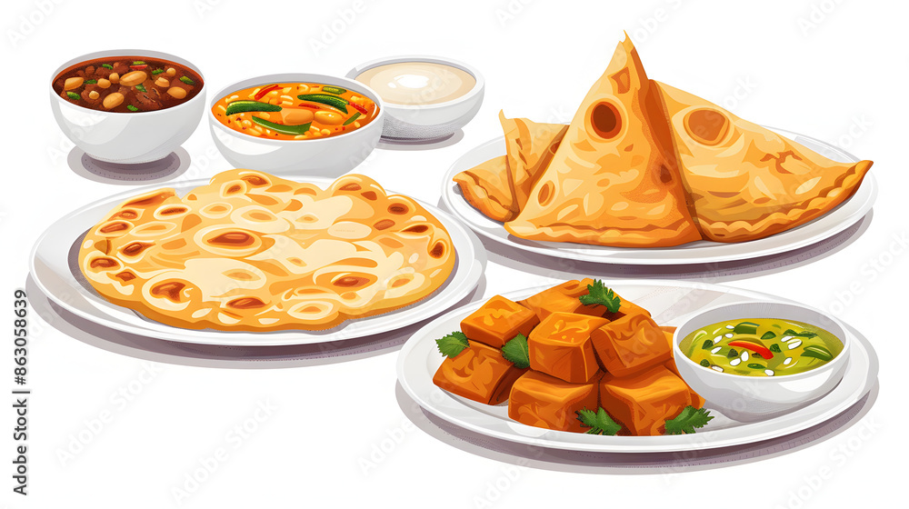 indian food buffet curry samosa biryani dal paneer chapatti isolated on ...