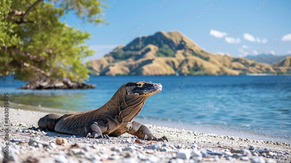 Komodo dragon resting on a tropical beach with scenic mountains and ...