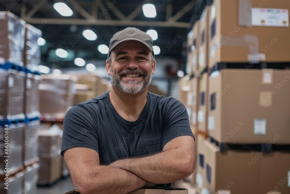Mature man smiling at the camera while packing cardboard boxes in a ...