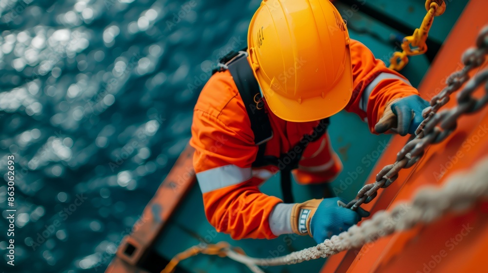 Workers securing a large container on a cargo ship, detailed view of ...