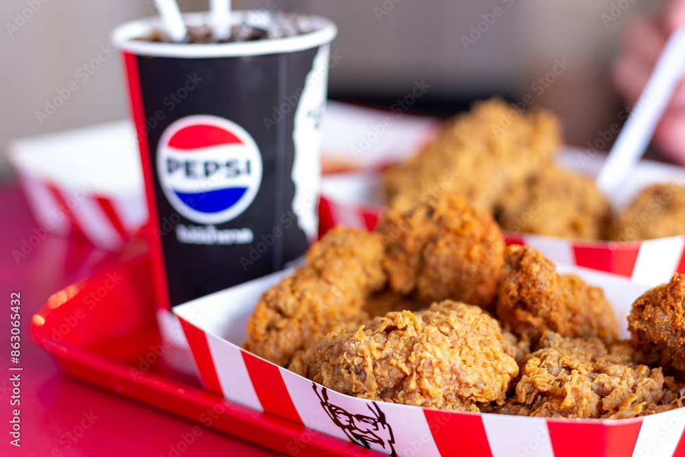 Plate of KFC's Chicken fried with Pepsi, Cola, Soft drink in the ...