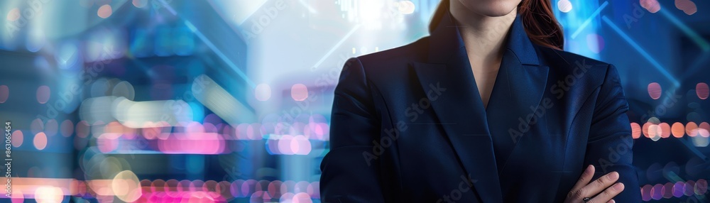 Female CEO in navy blue suit, torso view, discussing globalization ...