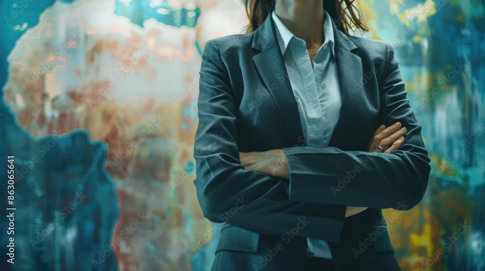 Female CEO in charcoal grey suit, torso view, discussing globalization ...