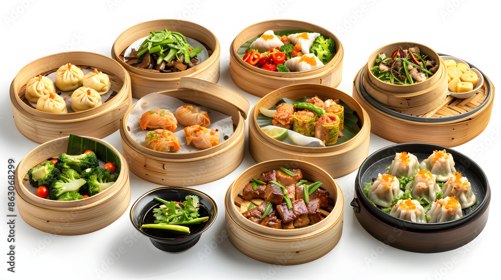 dim sum food with many asian dishes isolated on white background, png ...