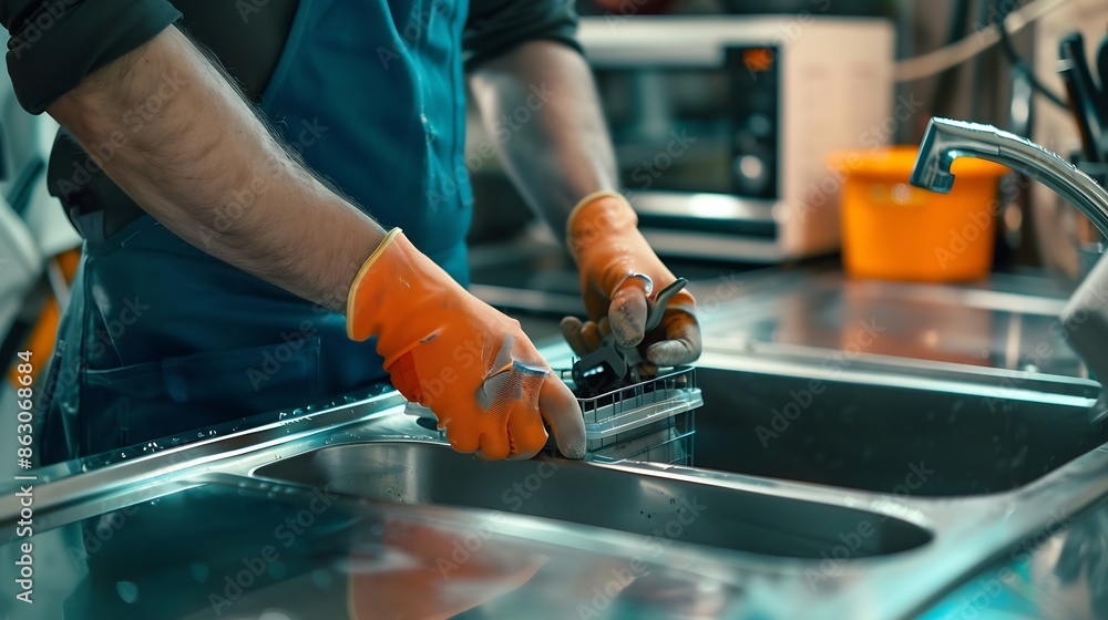 A plumber with gloved hands installs a household waste shredder for the ...