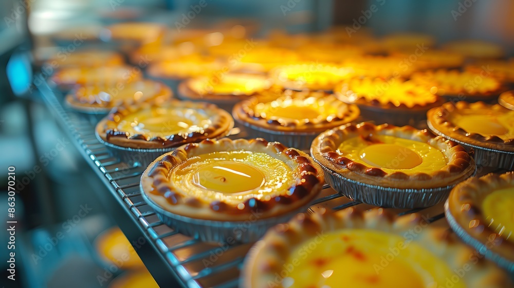 A tray of egg tarts is placed in the oven, the eggs in each tart look ...