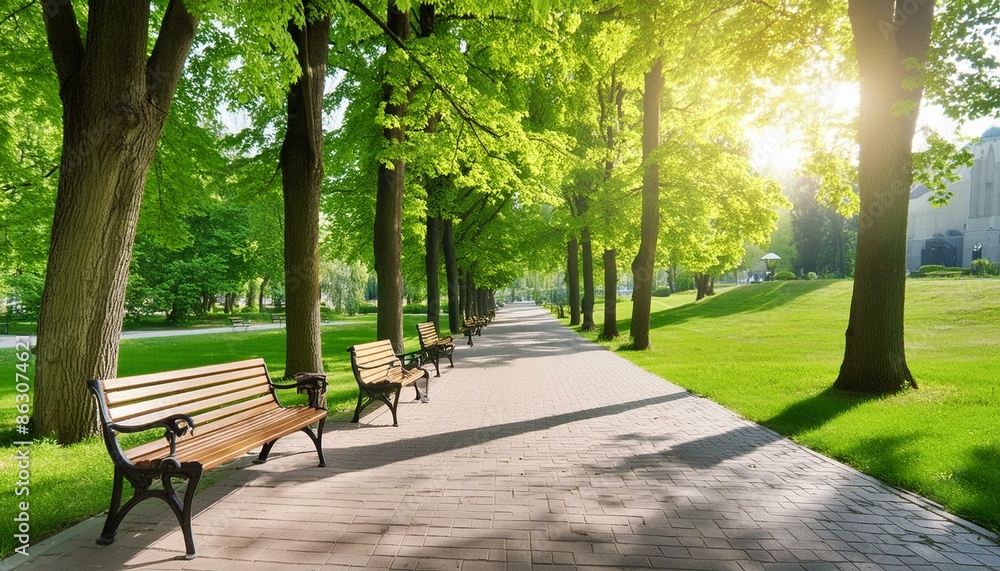 Green city park in sunny summer morning. Wide park alleyway, wooden ...