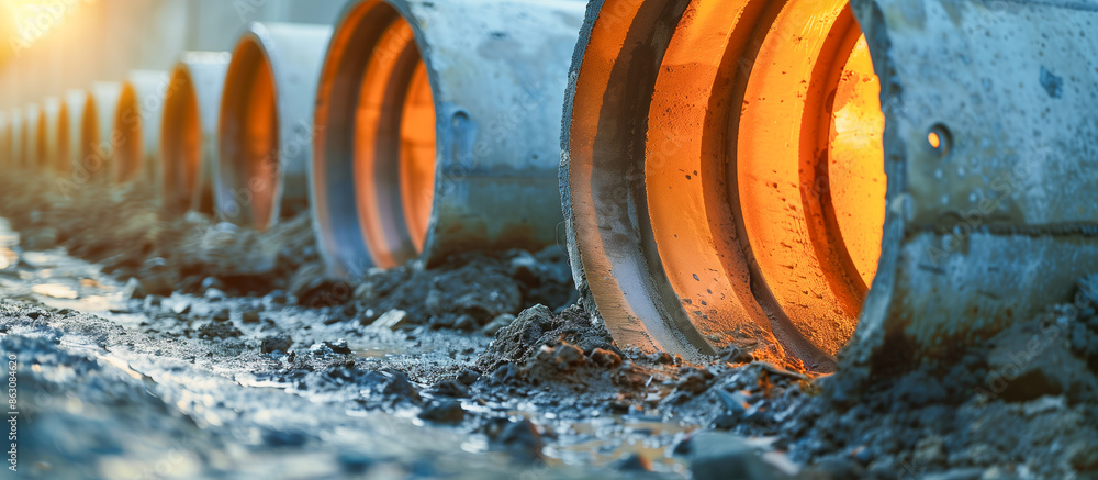 Concrete drainage pipe system installation on road sides for urban ...