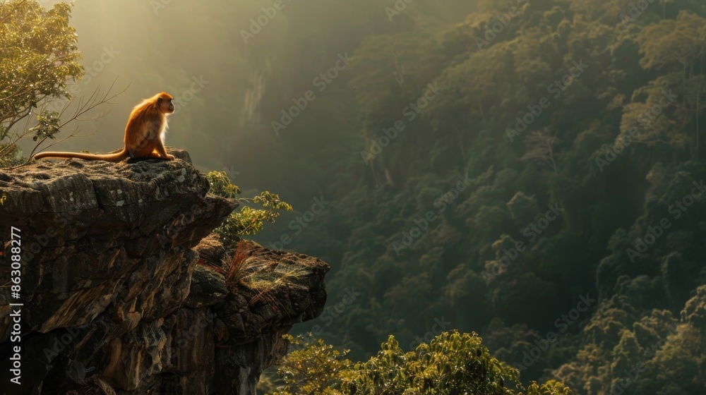 Lonely monkey sitting on a cliff edge amidst lush green mountains ...