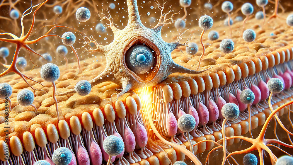 synaptic vesicles releasing neurotransmitters.synaptic vesicles fusing ...