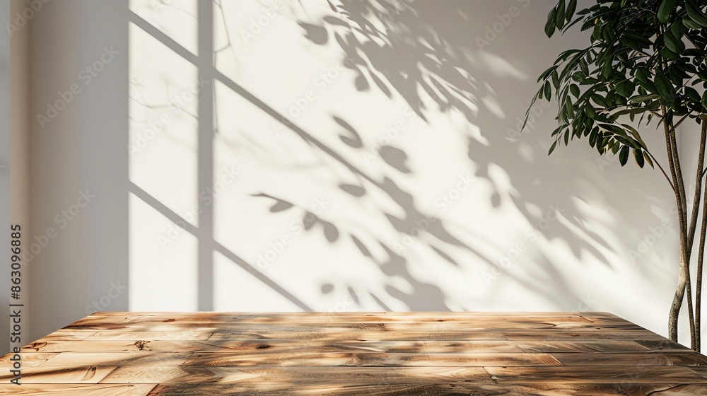 Empty wooden table with sunlight shining through window and casting ...