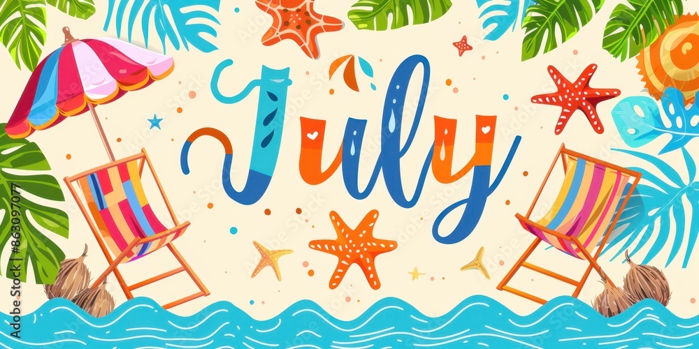 "July" in bold, colorful letters with beach chairs and coconuts on the ...