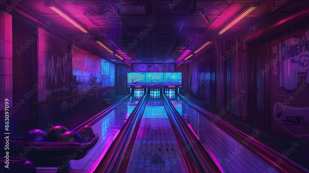 Mystical rendering of an abandoned bowling alley, polished lanes ...