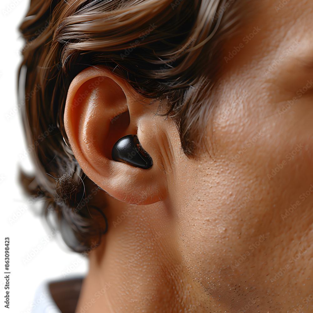 young man ear closeup listening, sound wave, acoustics auditory system ...