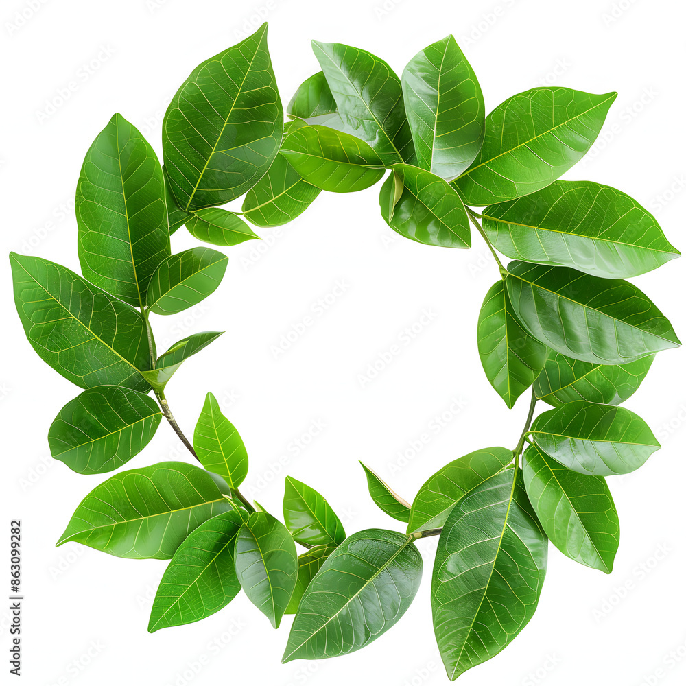 ficus benjamina green leaves in shape circle, frame weeping fig ...