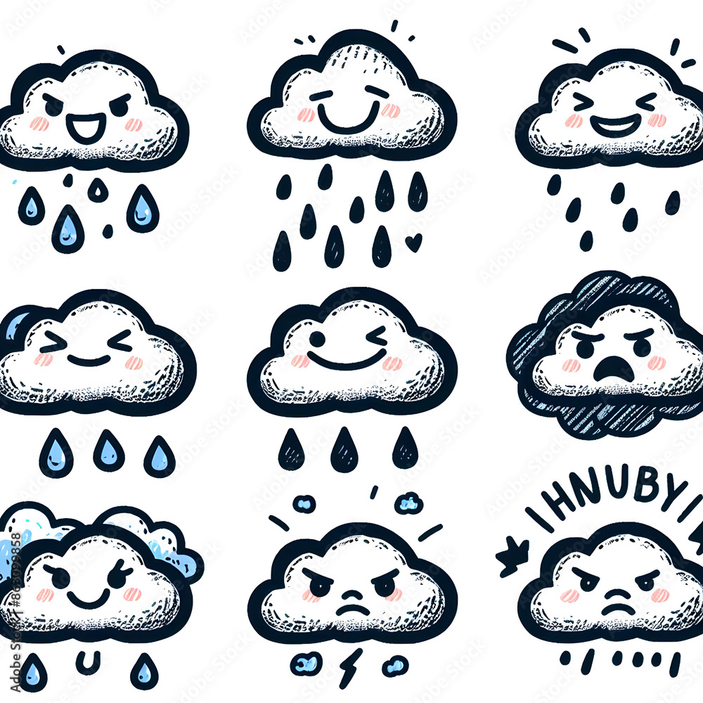 Cute cloud rain weather cartoon set with smiley and angry faces, hand ...