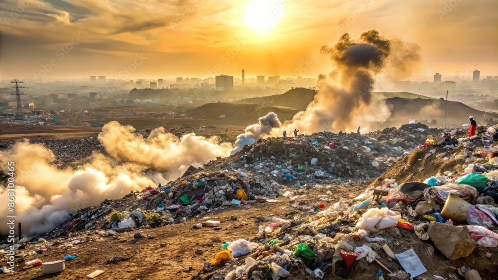 Fumes and toxic gases waft from a sprawling landfill site, shrouded in ...