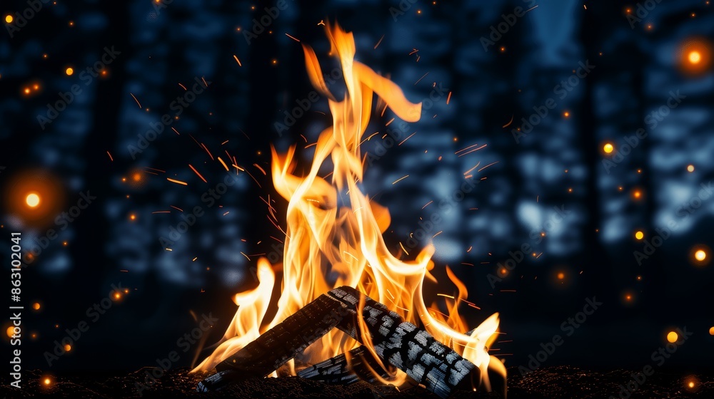 Dynamic campfire illuminating the night, embers glowing, bright flames dancing under a deep ...