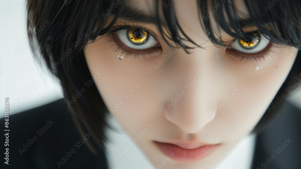 Elegant woman with black hair and striking yellow eyes, dressed in a ...