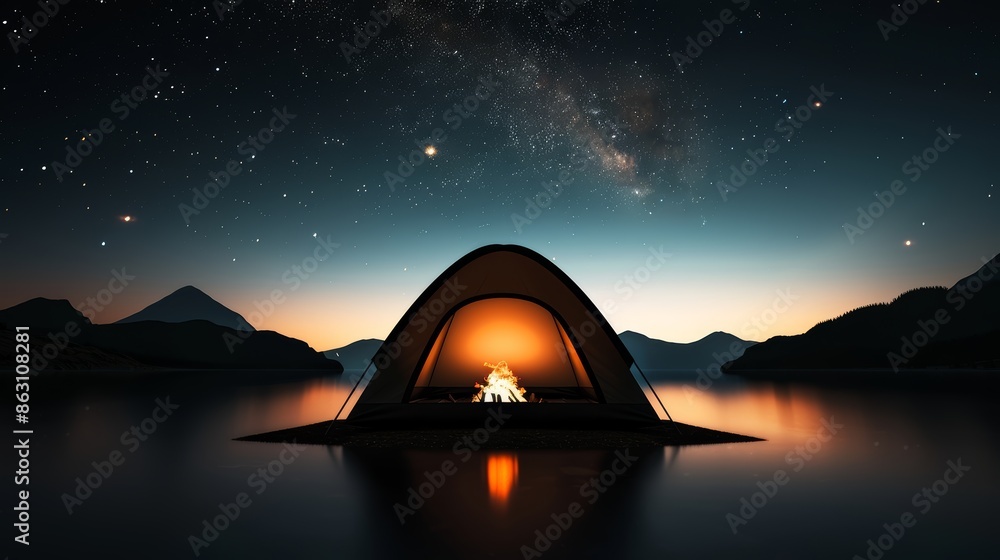 Forest camping at night, family of four enjoying a campfire, back view ...