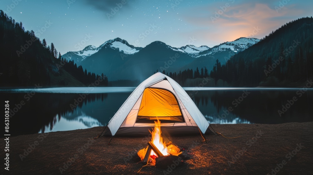 Forest camping at night, family of four enjoying a campfire, back view ...