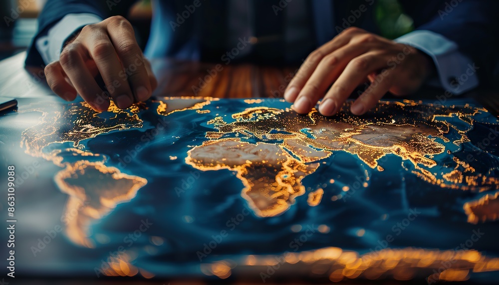 Finance leaders pointing at a world map during a meeting, strategizing ...