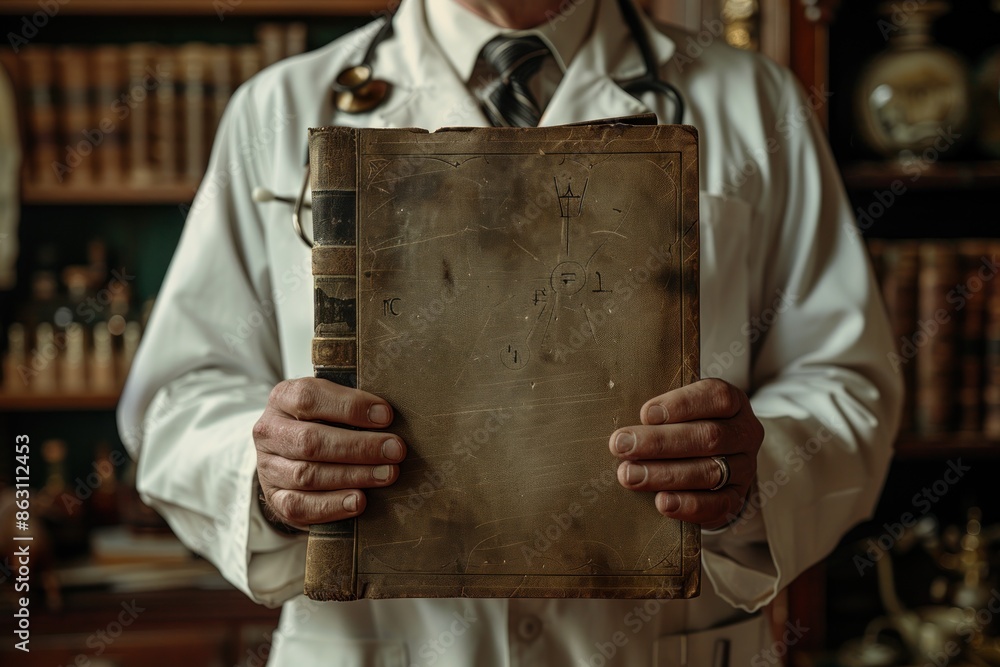A doctor with a medical apparatus head in a retro-themed portrait The ...