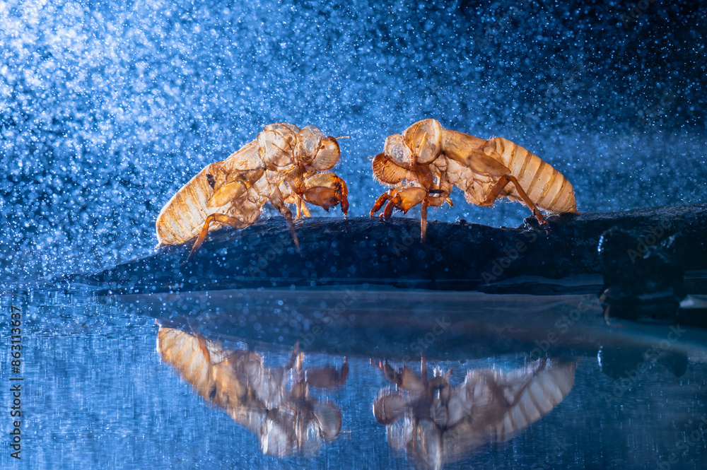 Two cicadas molt with shadow on the dry tree branch and water drop ...