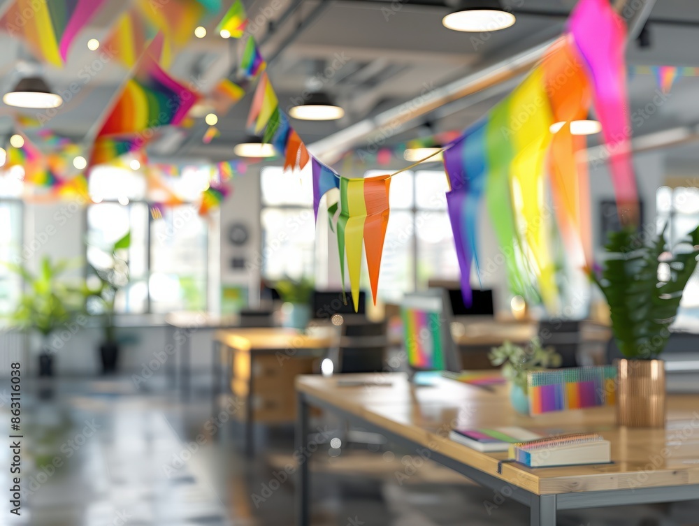 Celebrating pride month in the office. Blurred open plan vibrant ...