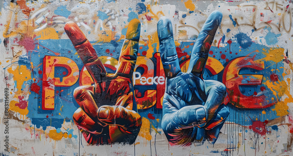 Graffiti art of hand symbols for peace and "Peace" written in between ...