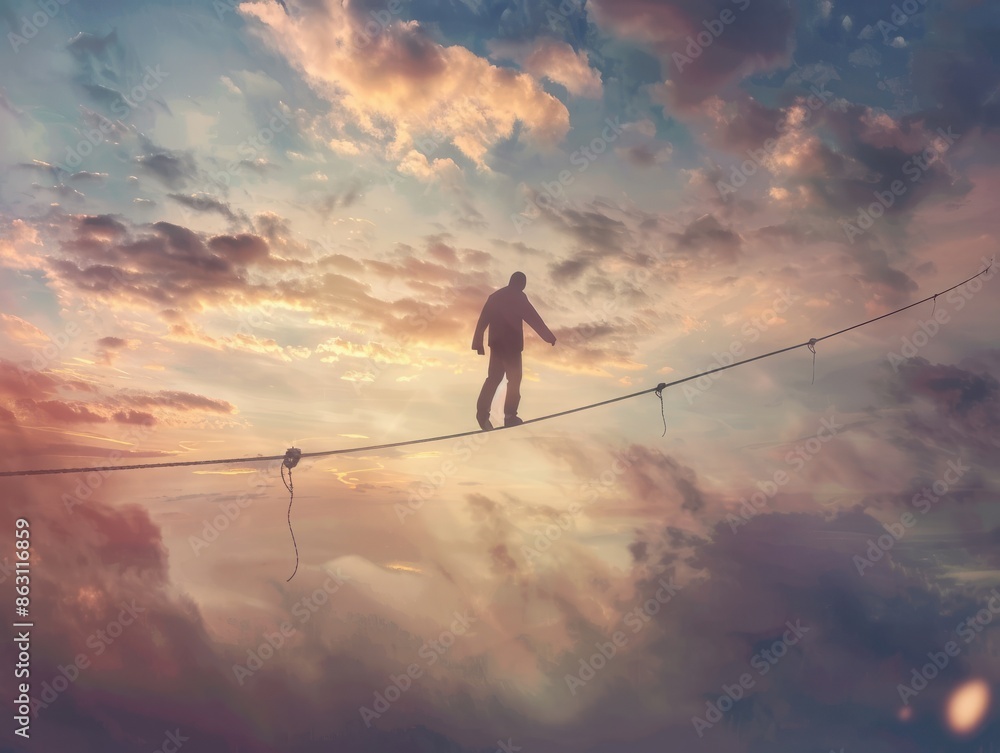 Emotional intelligence, balance emotion. Man walk thin rope with bad ...