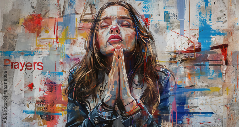 Graffiti image of a young lady praying with her eyes closed on a ...