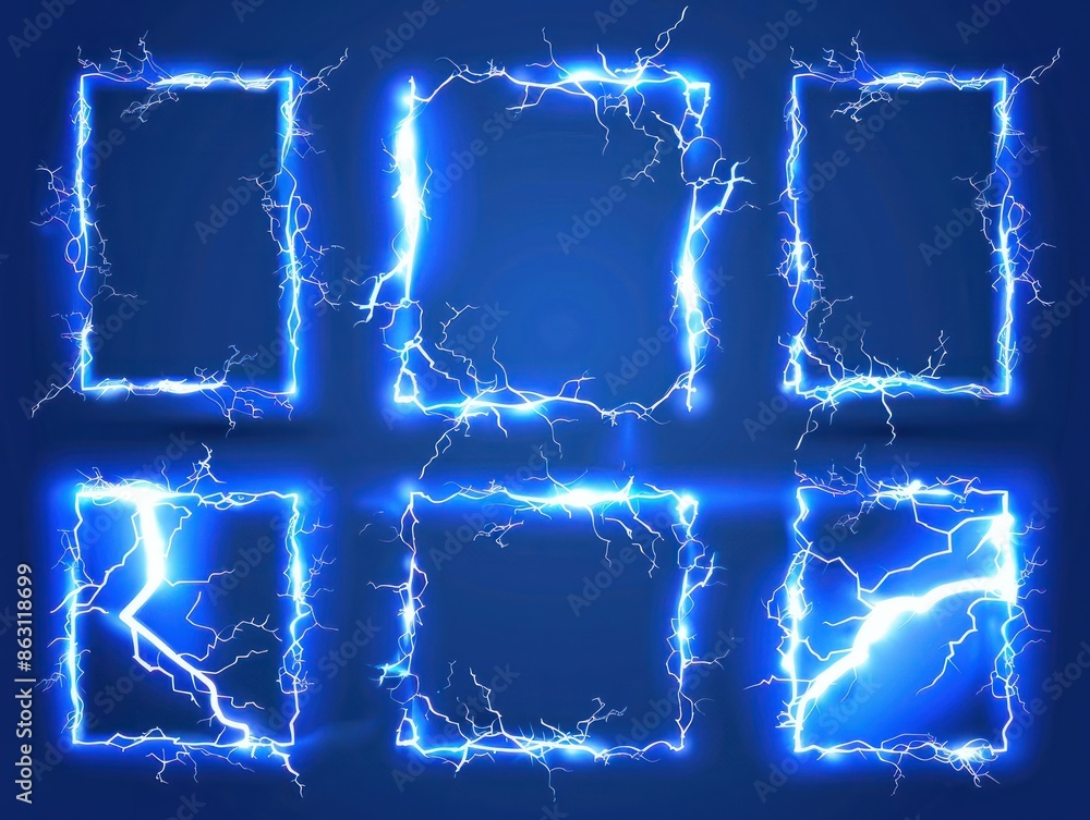 Lightning frames, blue electric borders of rectangular and square ...