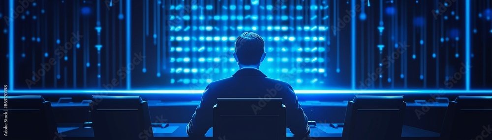 Lawyer in a sleek futuristic courtroom presenting a case using ...