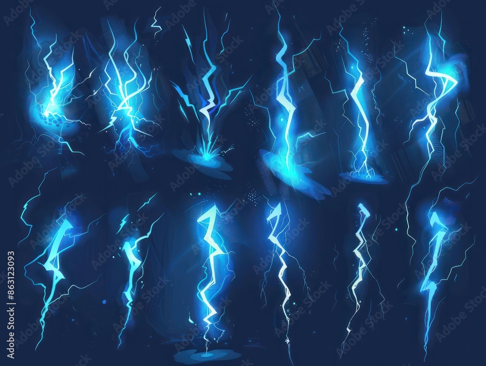 Cartoon lightning animation. Animated frames of electric strike, magic ...