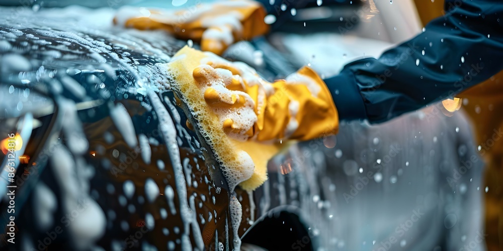 Professional car washer using foam sponge at car wash station. Concept ...